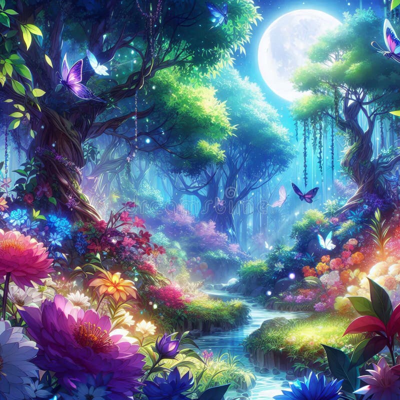 Enchanted Night Garden stock illustration. Illustration of glowing ...