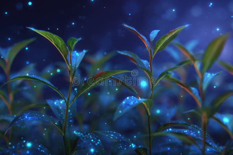 Enchanted Night Garden with Glowing Leaves and Mystical Sparkles. Stock ...