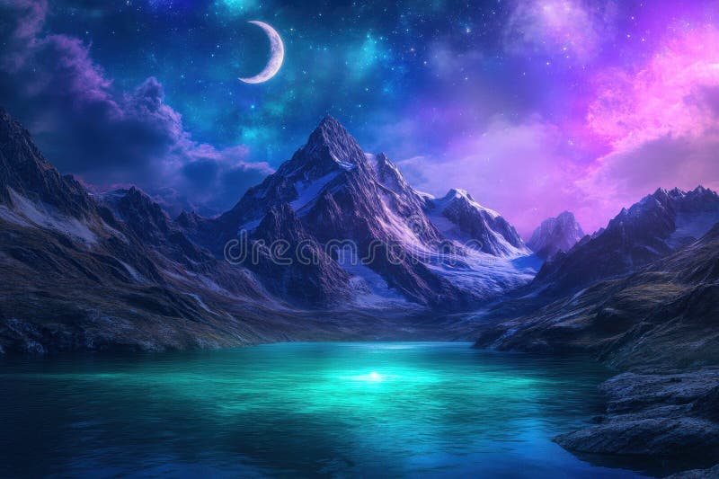 Enchanted Night Landscape with a Crescent Moon Over a Mystical Mountain ...