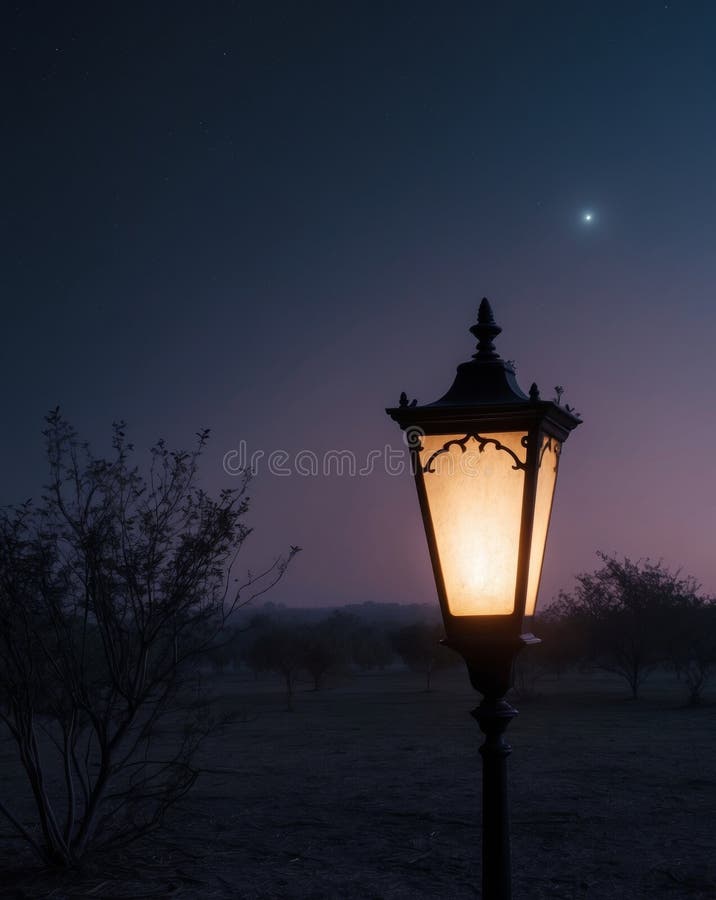 Enchanted Night Landscape with a Glowing Lamp Stock Image - Image of ...