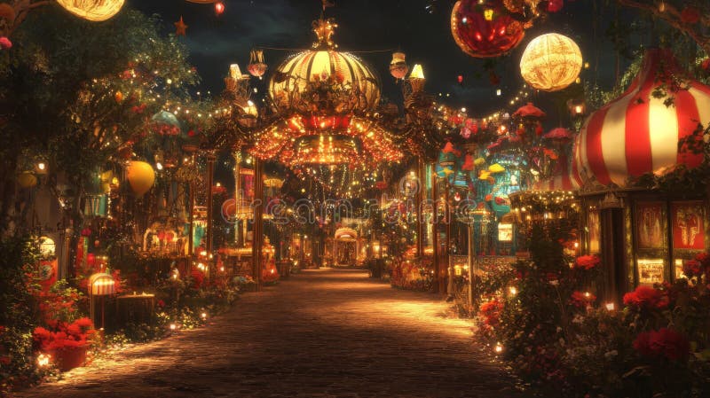 Enchanted Night Market Festive Lights and Decorations Stock ...