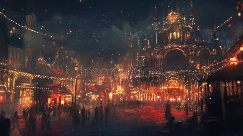 Enchanted Night Market with Glowing Lights and Mysterious Atmosphere ...