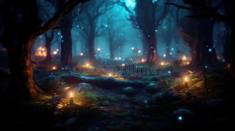 Enchanted Night Mystical Magical Forest with Glowing Lights. Created with Generative AI Stock ...