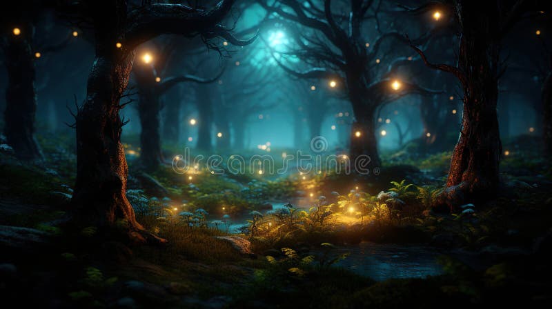 Enchanted Night Mystical Magical Forest with Glowing Lights. Created ...