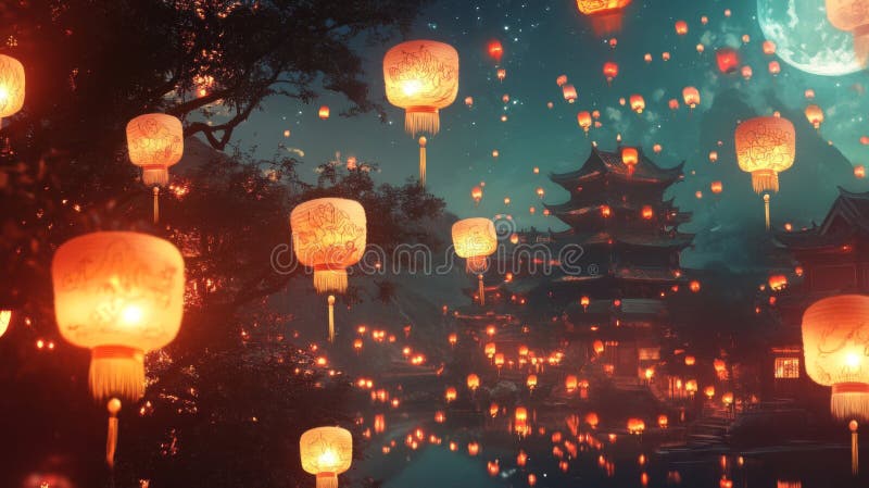 Enchanted Night Scene with Glowing Lanterns and Ancient Temple Stock ...