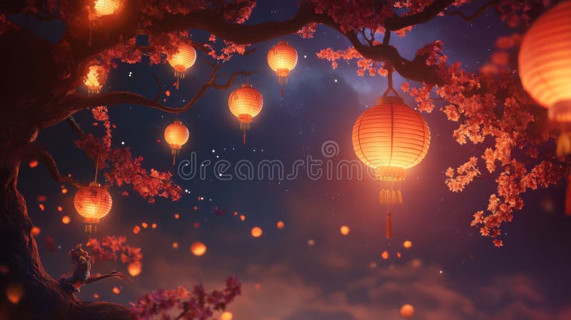 Enchanted Night Scene with Glowing Lanterns and Blossoming Tree Stock ...
