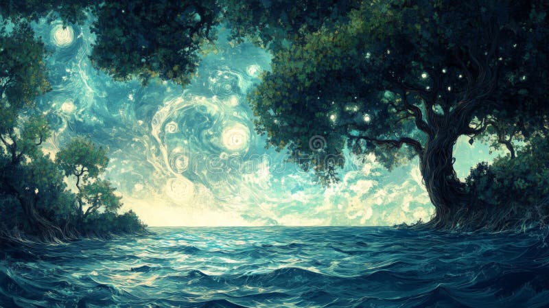Enchanted Night Scene with Glowing Tree and Calm Ocean Stock ...