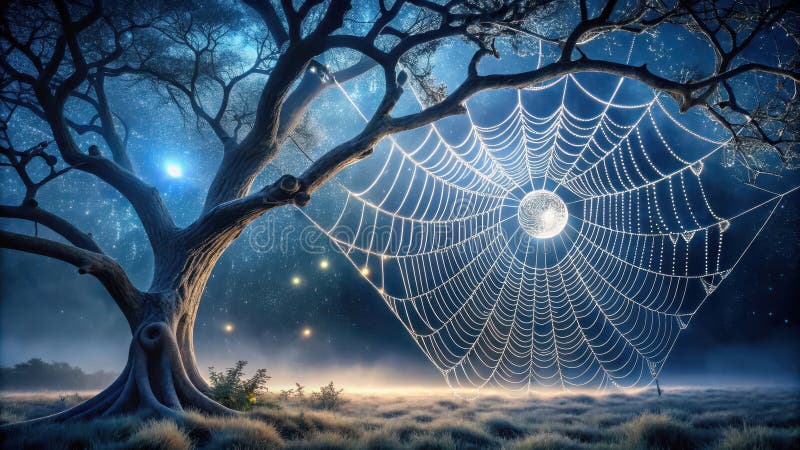 Enchanted Night Scene Illuminated Spiderweb Underneath a Majestic Tree ...