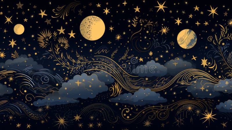 Enchanted Night Sky with Celestial Elements Stock Illustration ...