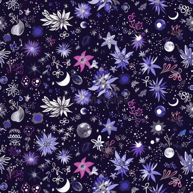 Enchanted Night Sky with Celestial Motifs and Floral Patterns Stock ...