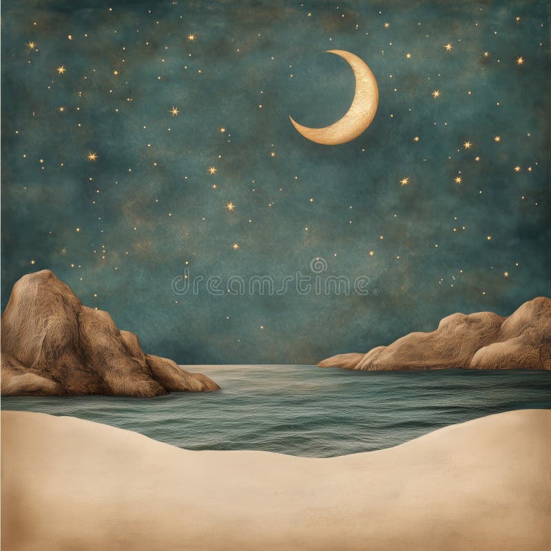 Enchanted Night Sky with Crescent Moon Over Serene Ocean Stock ...