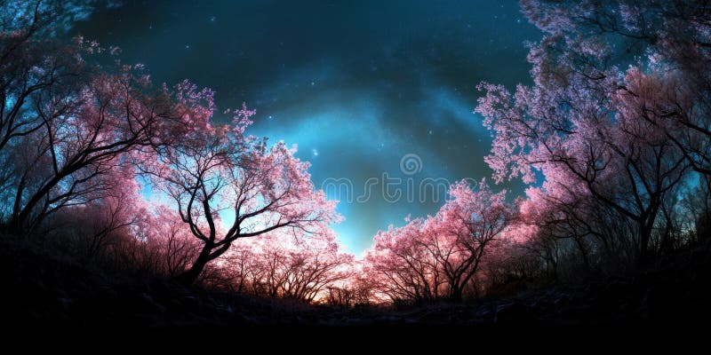 Enchanted Night Sky Framed by Vibrant Pink Cherry Blossom Trees in Full ...