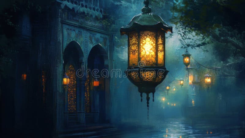 Enchanted Night Street Scene with Glowing Lanterns Stock Illustration ...