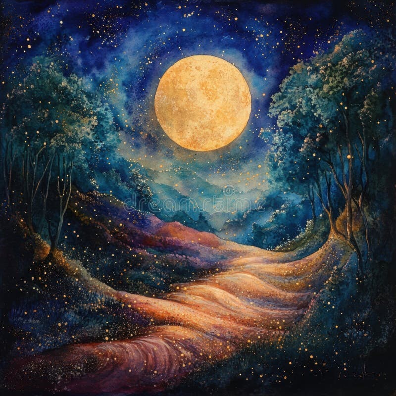 Enchanted Nightscape with a Full Moon Stock Photo - Image of reflection ...