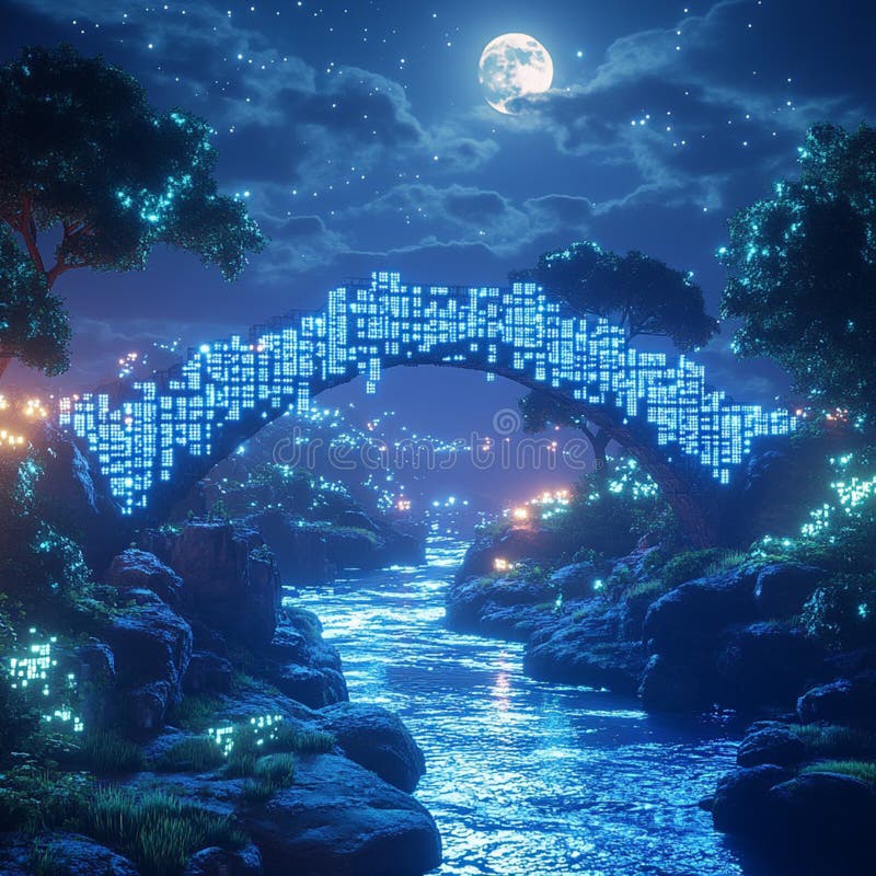 Enchanted Nightscape with Glowing Bridge Over Tranquil Stream Under ...