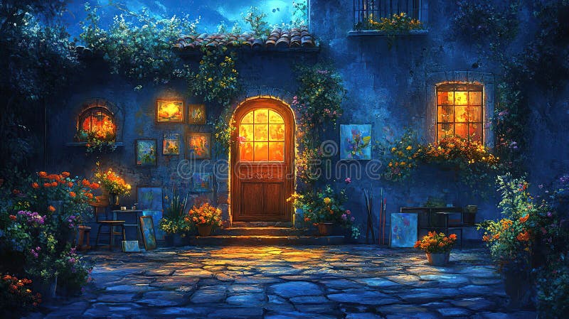 Enchanted Nighttime Courtyard Stock Illustration - Illustration of ...