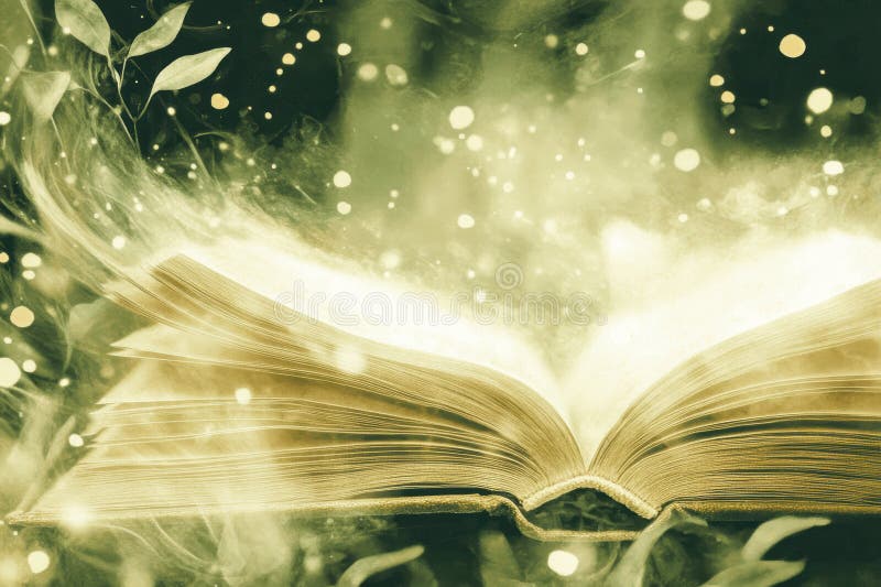 Enchanted Open Book with Glowing Pages Amidst Magical Forest Atmosphere ...