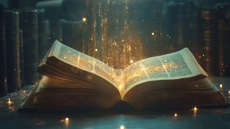 Enchanted Open Book with Sparkling Particles in a Library Stock ...
