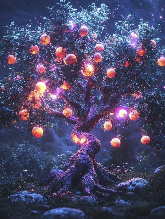 Enchanted Orange Tree, Twilight, Ethereal Lights, Magic. Stock ...