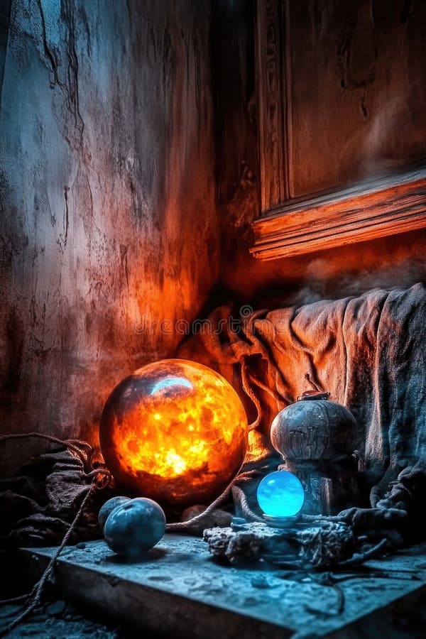 Enchanted Orb and Glowing Sphere in Dimly Lit Mystical Room Stock Photo ...