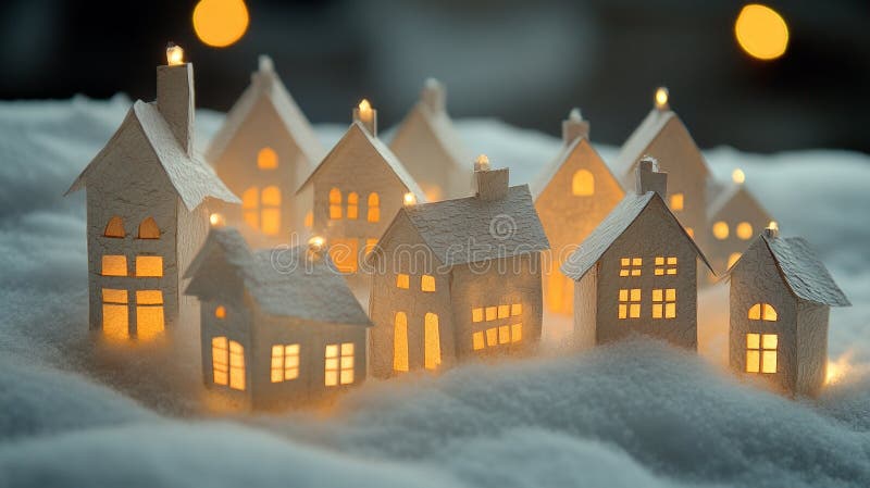 Enchanted Paper Village Glowing in the Snow Stock Illustration ...