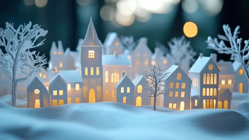 Enchanted Paper Village Glowing in Winter Snow Stock Illustration ...