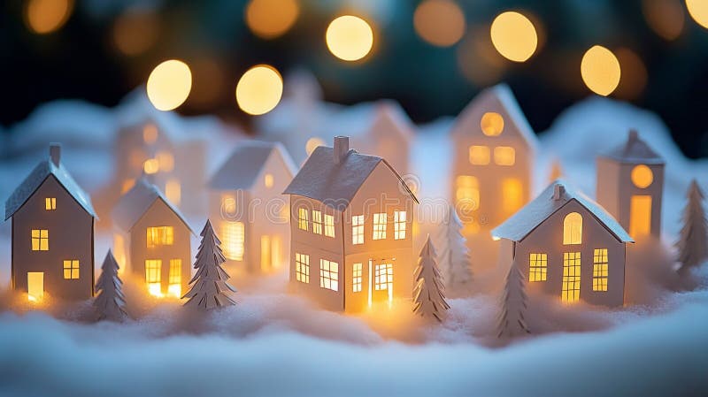 Enchanted Paper Village Glowing in Winter Snow Stock Illustration ...