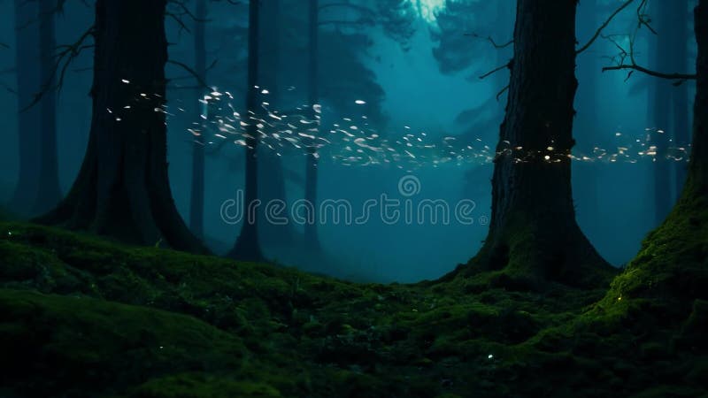 Enchanted Particles Dancing through Trees in a Mystical Dark Forest ...
