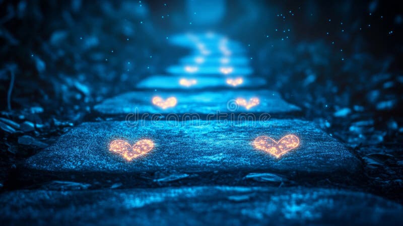 Enchanted Path of Glowing Hearts at Night Stock Illustration ...
