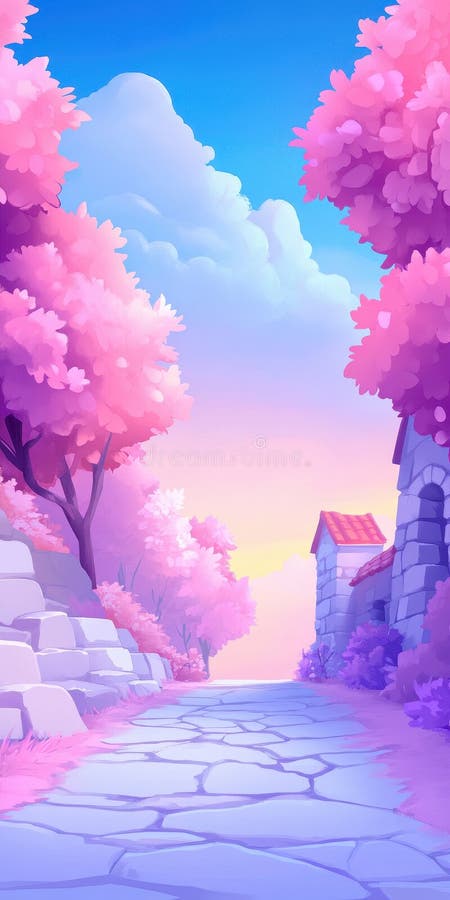 Enchanted Path with Pink Trees and Vibrant Sky in a Fantasy World Stock ...