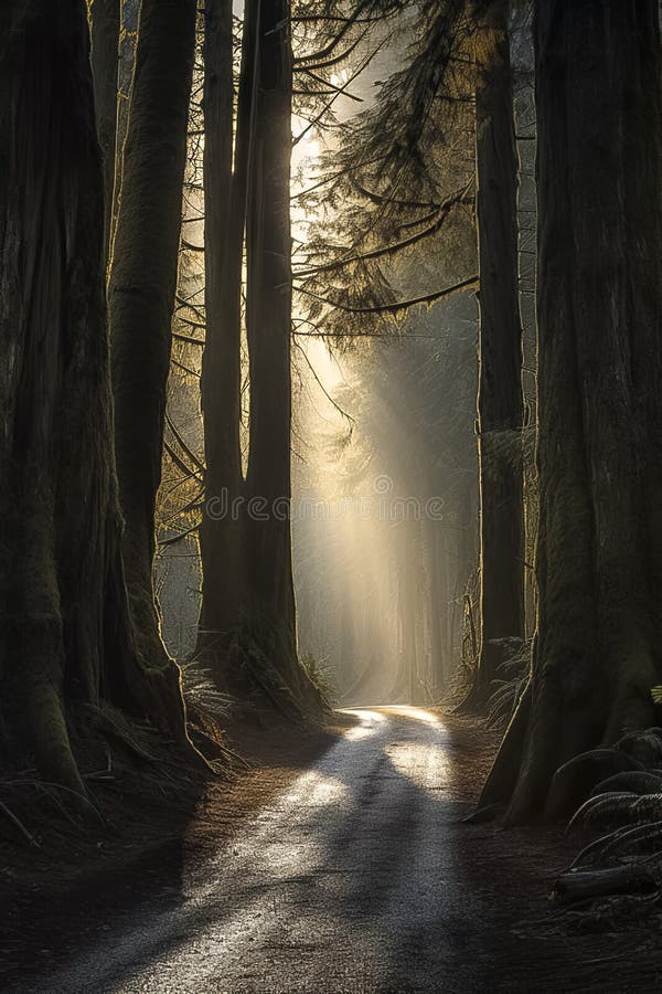 The Enchanted Path: a Winding Trail through a Mossy Forest at Sunrise ...