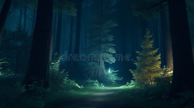Enchanted Pathway in Dark Forest Stock Illustration - Illustration of ...