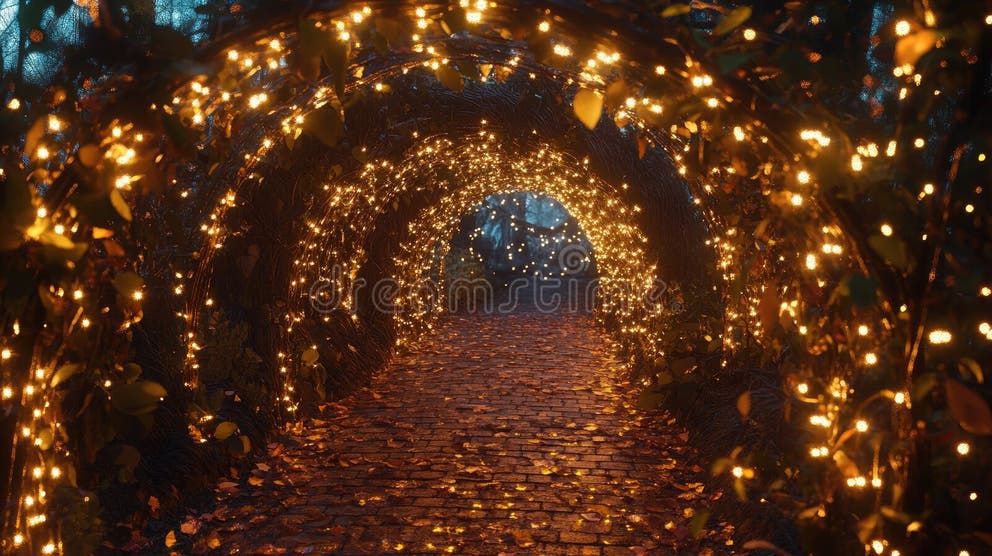 Enchanted Pathway with String Lights at Autumn. Magical Tunnel of ...