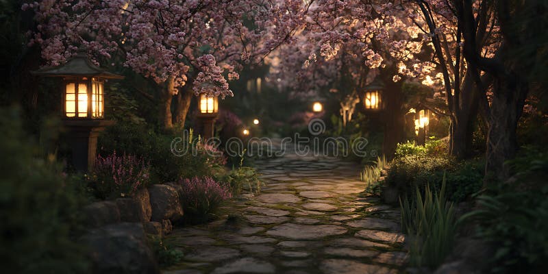 Enchanted Pathway Stunning Night Scene with Cherry Blossoms and Lantern ...