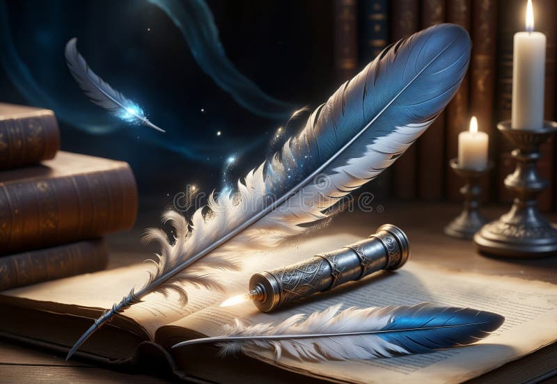 Enchanted Pen and Old Books in an Old Study Stock Photo - Image of ...