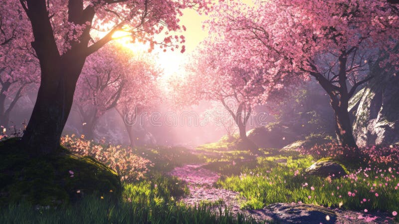 Enchanted Pink Blossom Forest Path at Sunrise Stock Illustration ...