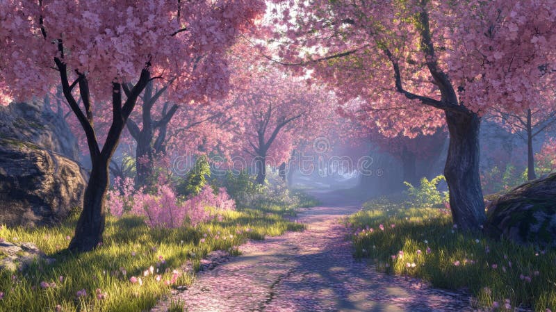 Enchanted Pink Cherry Blossom Forest Path Stock Illustration ...