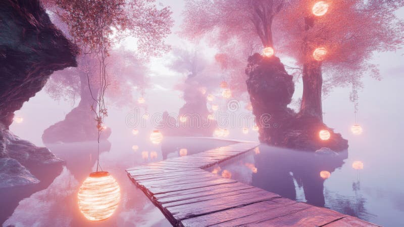 Enchanted Pink Fantasy Landscape with Glowing Lights Stock Illustration ...