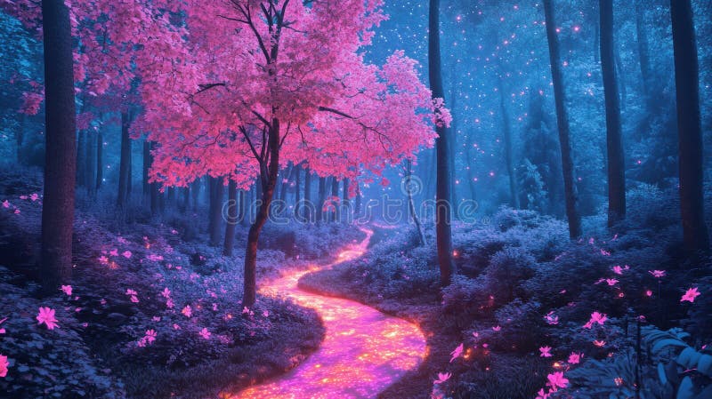 Enchanted Pink Forest with Luminous Path and Falling Petals at Night ...