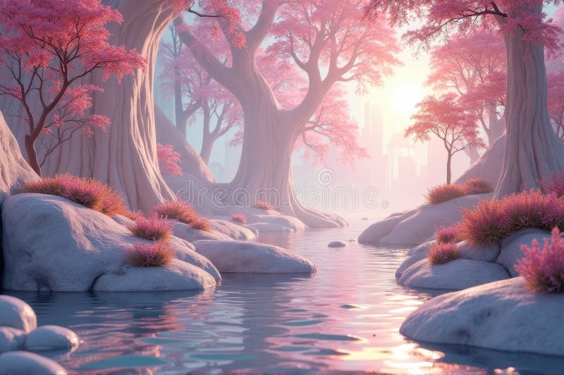 Enchanted Pink Forest with Tranquil Stream at Sunrise Stock Image ...