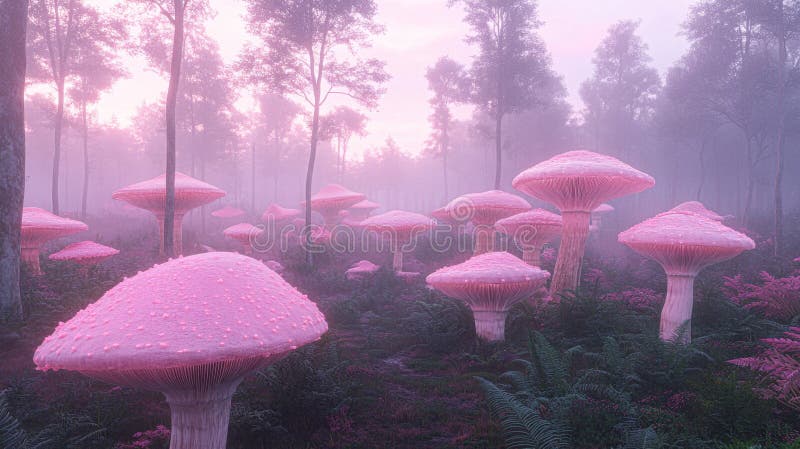 Enchanted Pink Mushroom Forest at Dawn with Mist and Tall Trees Stock ...