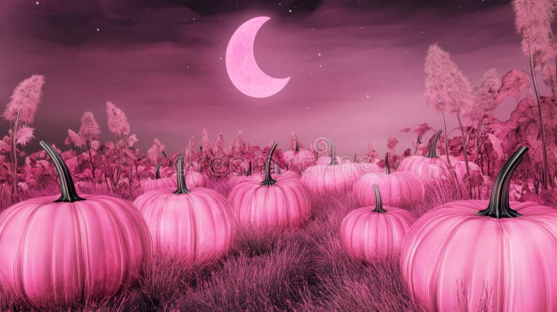 Enchanted Pink Pumpkin Patch Under Crescent Moon at Twilight Stock ...