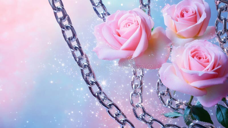Enchanted Pink Roses with Sparkling Glitter and Chains Background Stock ...
