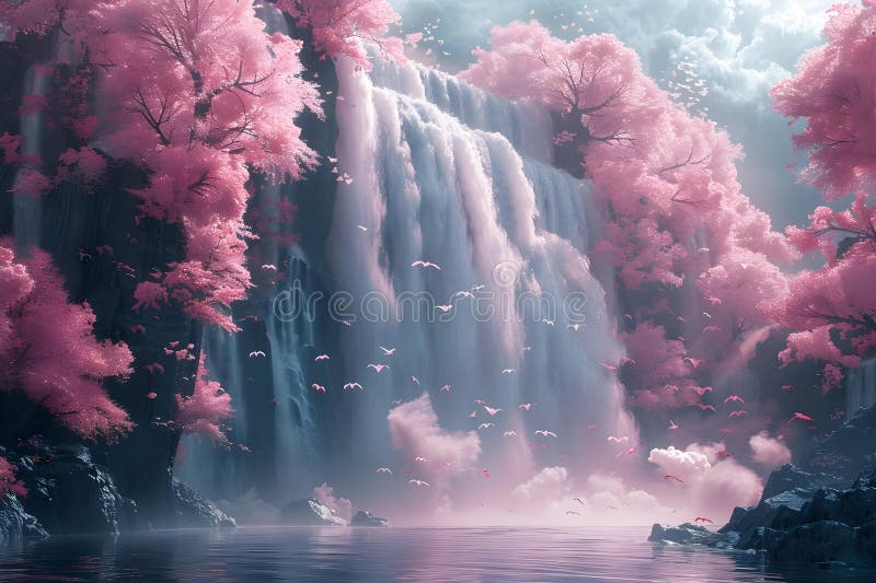 Enchanted Pink Waterfall Oasis with Serene Skies. Concept Enchanted ...