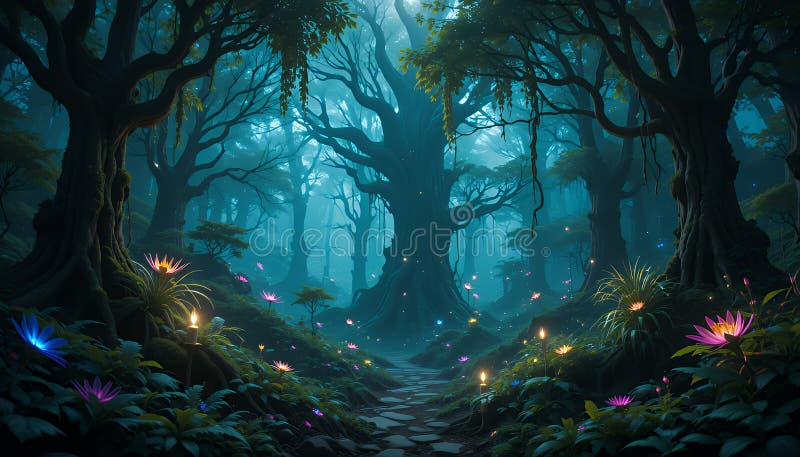 Enchanted Pixel Art Forest Path at Night: Bioluminescent Flora and ...