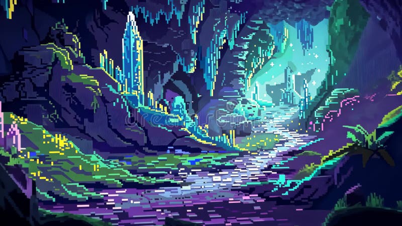 Enchanted Pixel Cave: Neon Pathway through Mystical Underground Stock ...