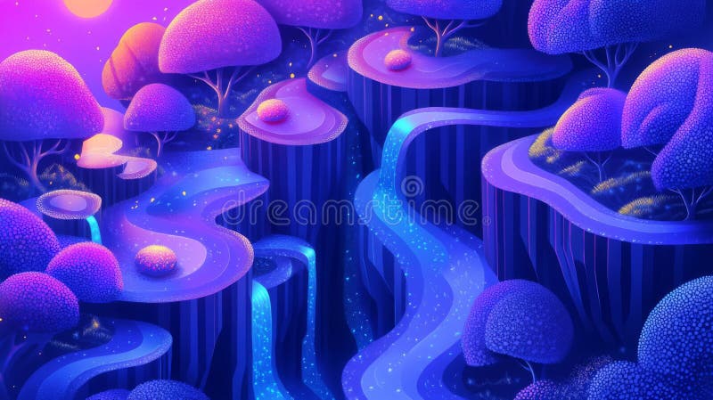 Enchanted Pixel Forest: Glowing River and Purple Trees Stock ...