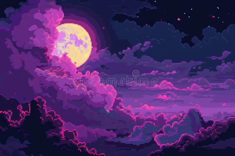 Enchanted Pixel Moonlight Cloudscape Stock Illustration - Illustration ...