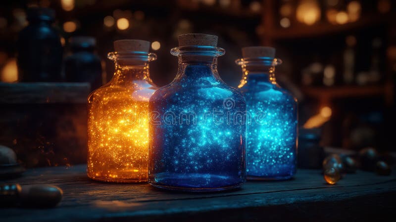 Enchanted Potion Bottles Glowing with Magical Light in a Rustic ...