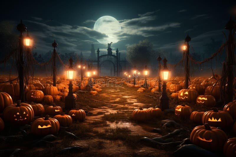 Enchanted Pumpkin Patch Glowing Pumpkins in a Stock Illustration ...
